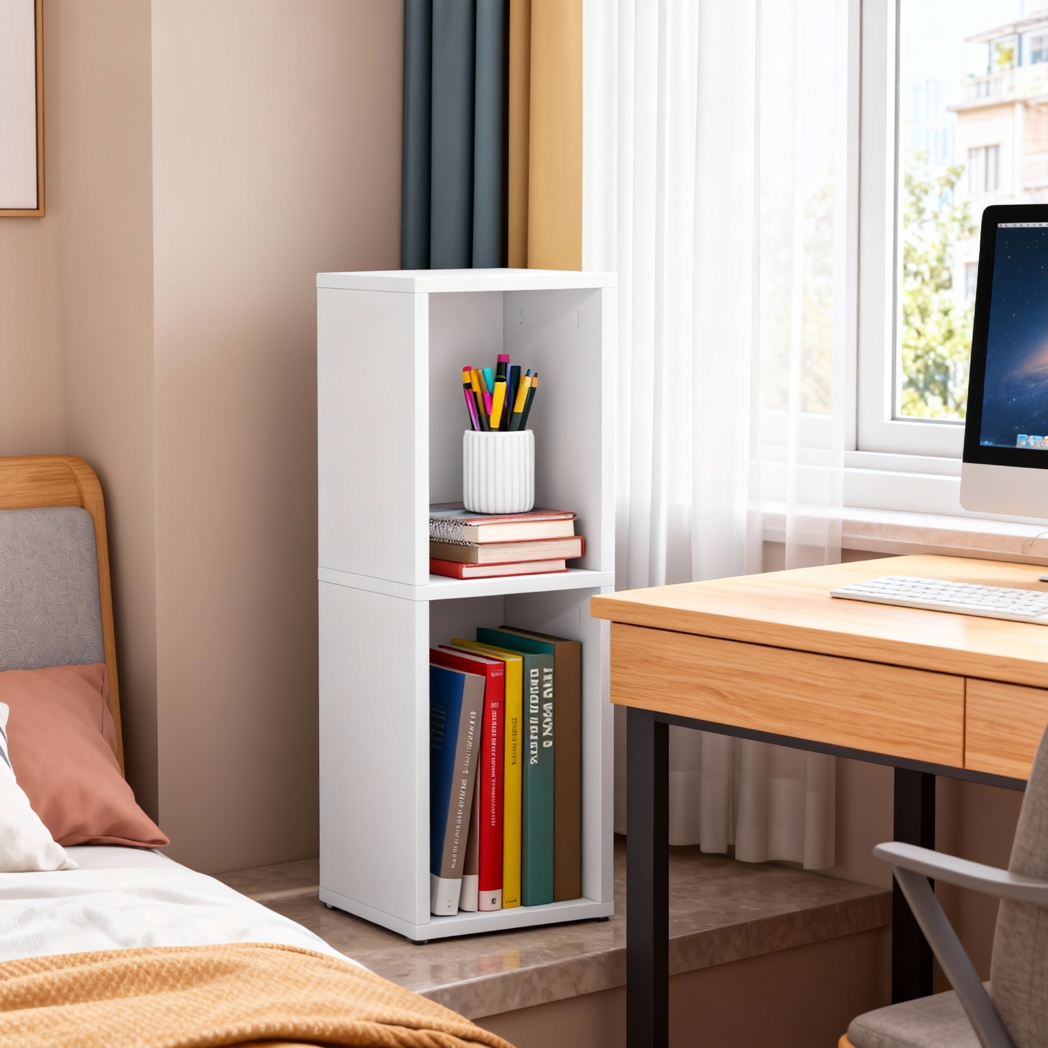 2-Tier Bookshelf with Open Compartment Design, Slim Corner Bookcase fo ...