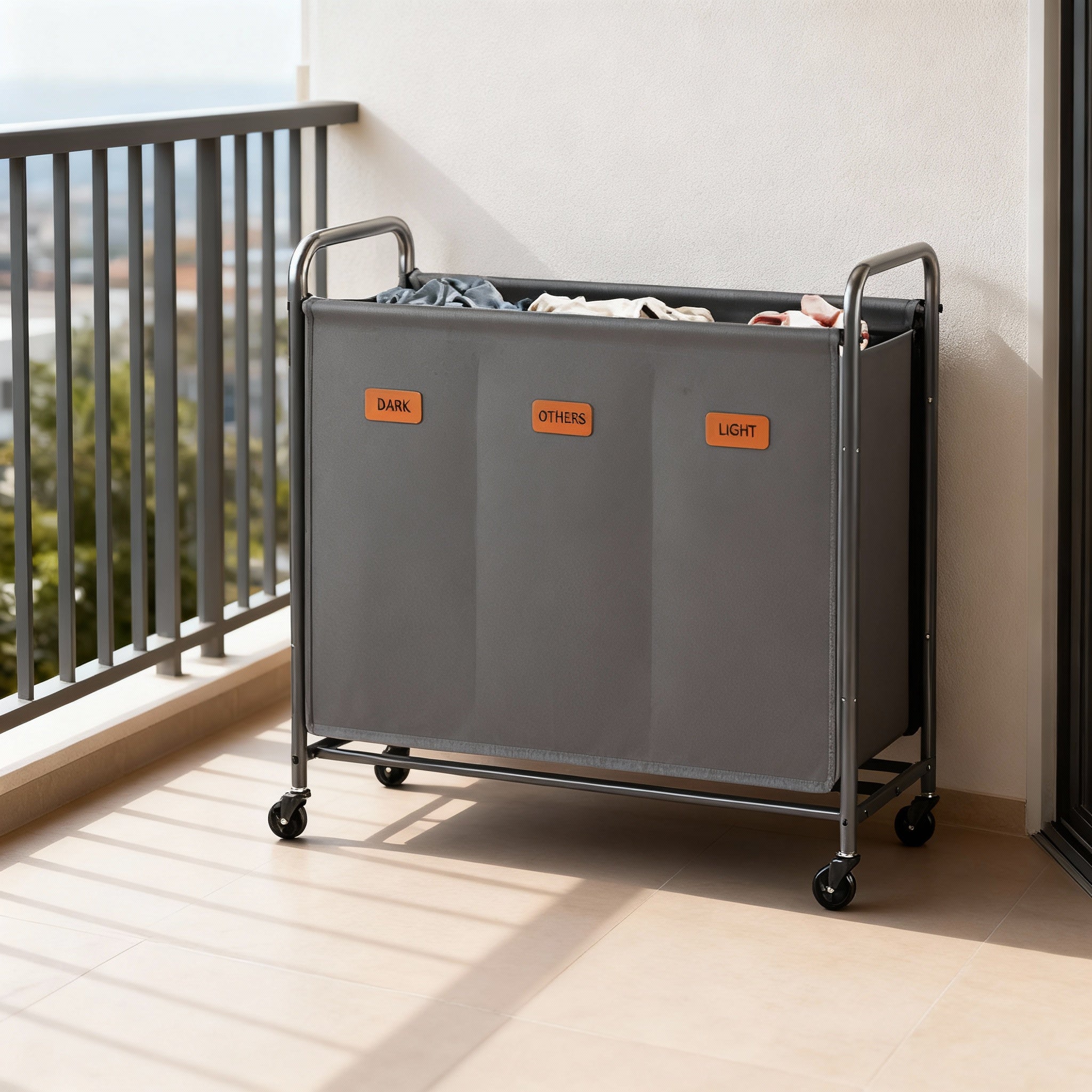 3-Section Rolling Laundry Hamper with Wheels, Large Capacity Laundry S ...
