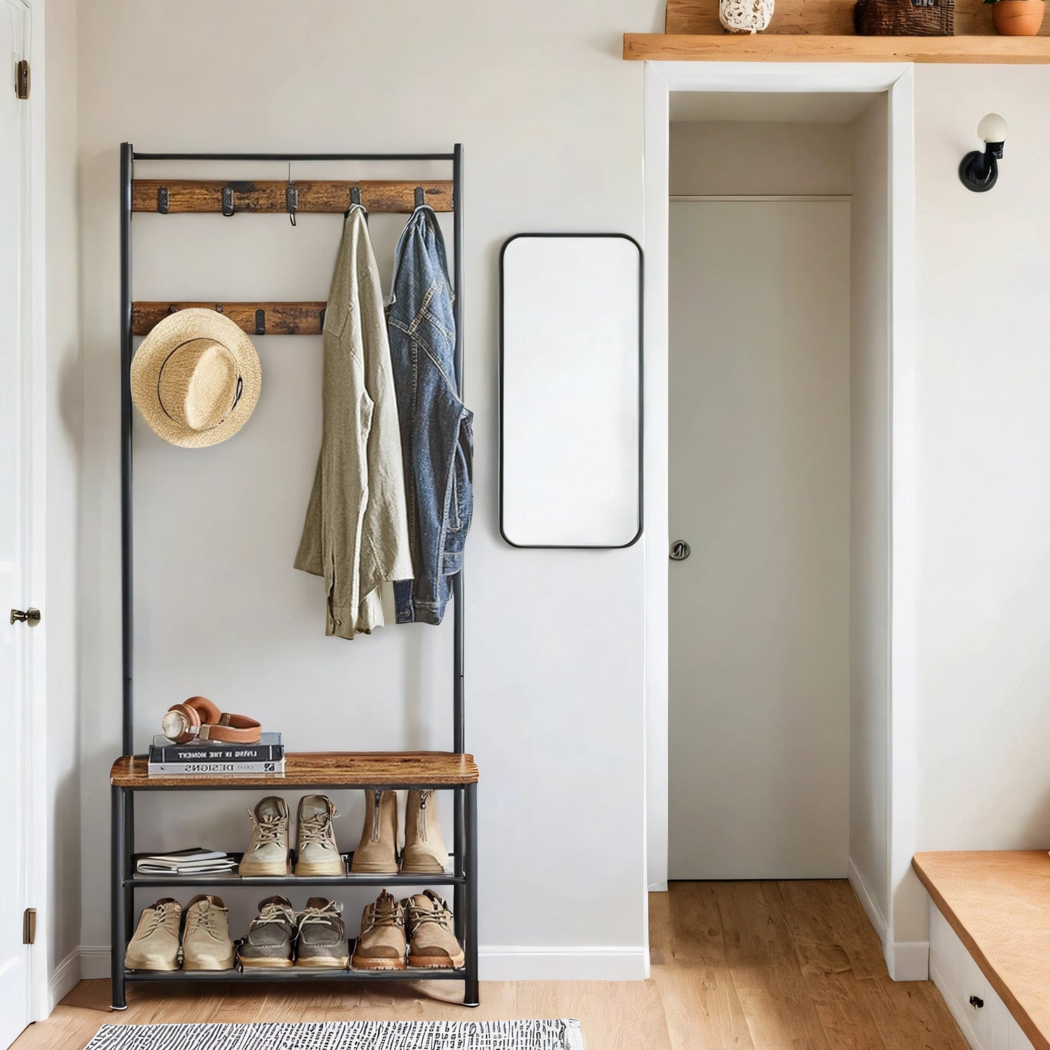 Industrial Hall Tree with Shoe Bench, 3-in-1 Coat Rack with 9 Hooks ...