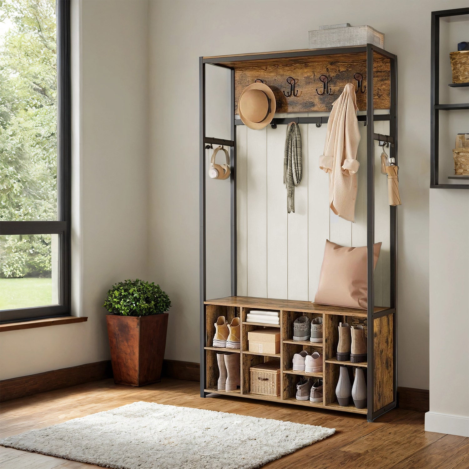 Industrial Hall Tree with Bench, Adjustable Shoe Shelves & 4 Tri-Hooks ...